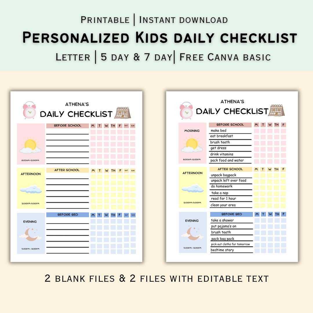 Printable Personalized Kids Daily Checklist | Kids Chore Chart, Daily ...
