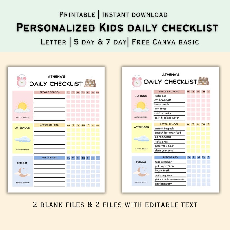 Printable Personalized Kids Daily Checklist | Kids Chore Chart, Daily ...