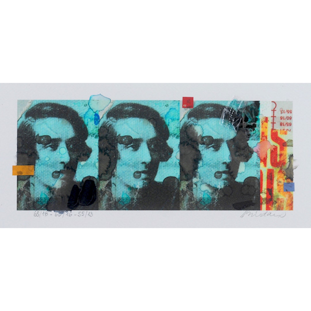 65/18 - 60/16 - 55/13 - Repeating Portrait of a Man Blue Black Orange ...