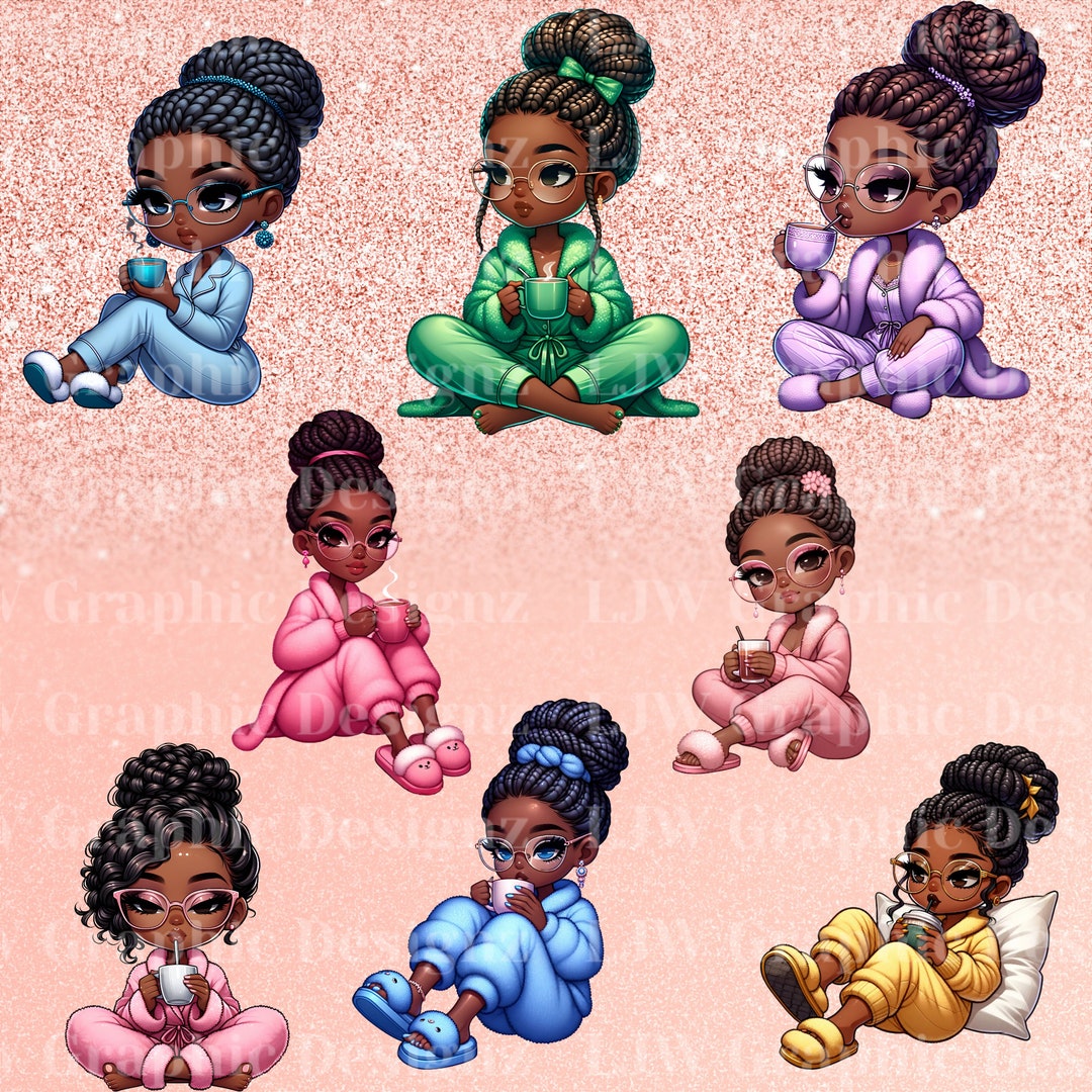 Stylish African American Woman Clipart Bundle Pajama Party Graphics - Etsy