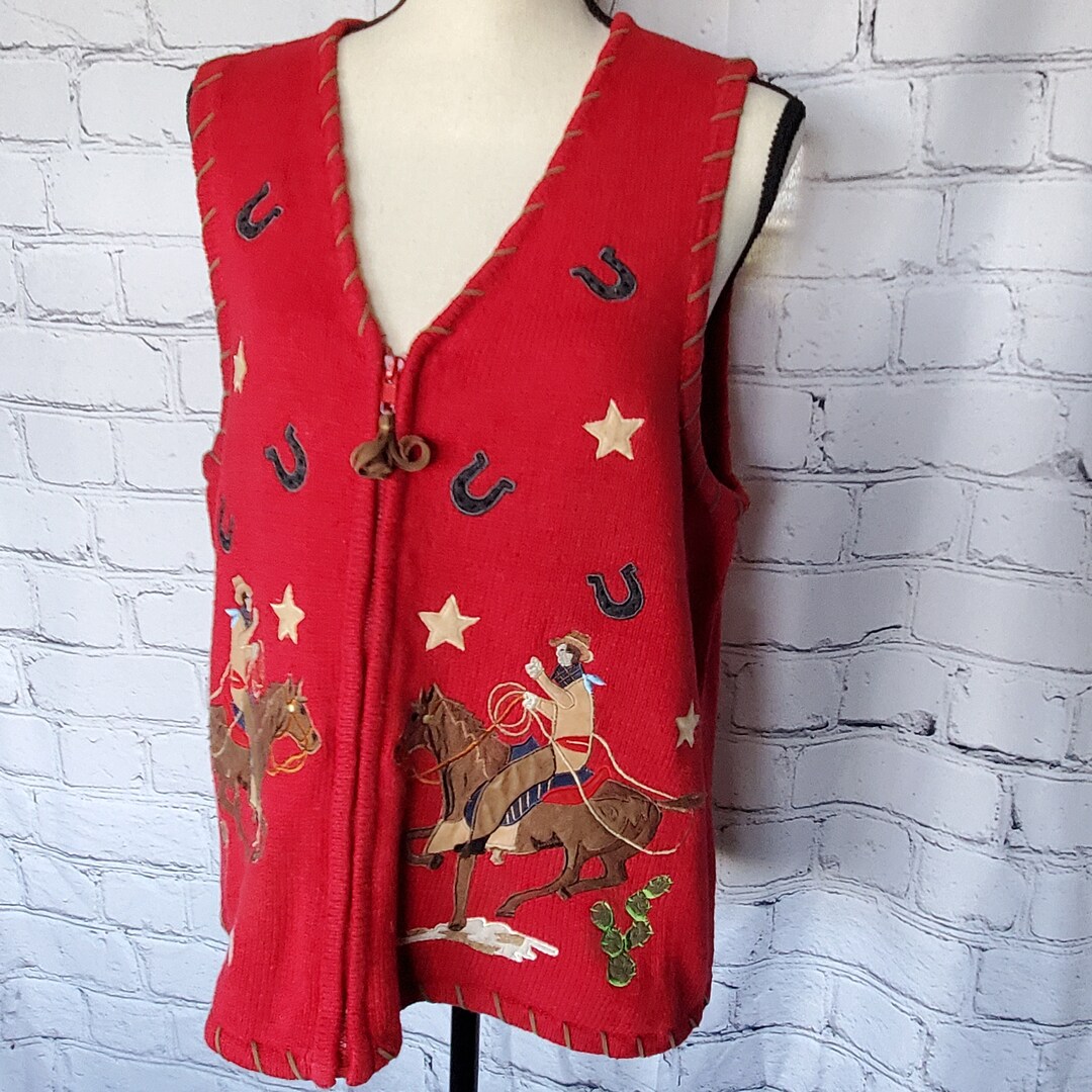Vintage Cowboy Western Red Knit Vest Leather Lacing Embroidery ...