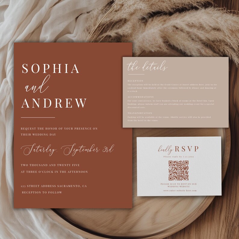 Terracotta Wedding Invitations, Boho Digital Invite Suite, Editable ...