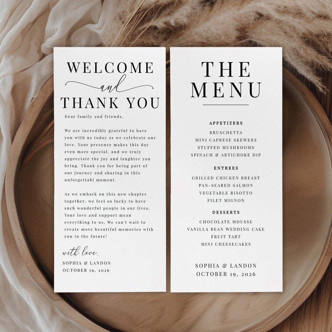 Modern Menu and Thank You Card, Printable Editable Wedding Menu, Custom ...
