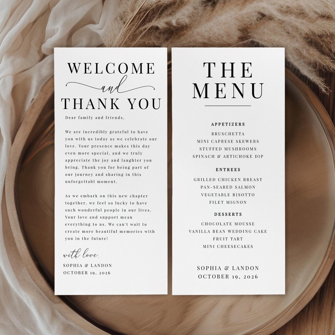 Modern Menu and Thank You Card, Printable Editable Wedding Menu, Custom ...