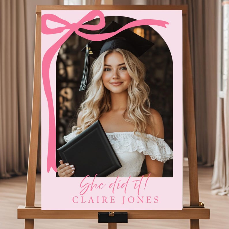 Pink Bow Graduation Welcome Sign, Editable Template for Grad Party ...