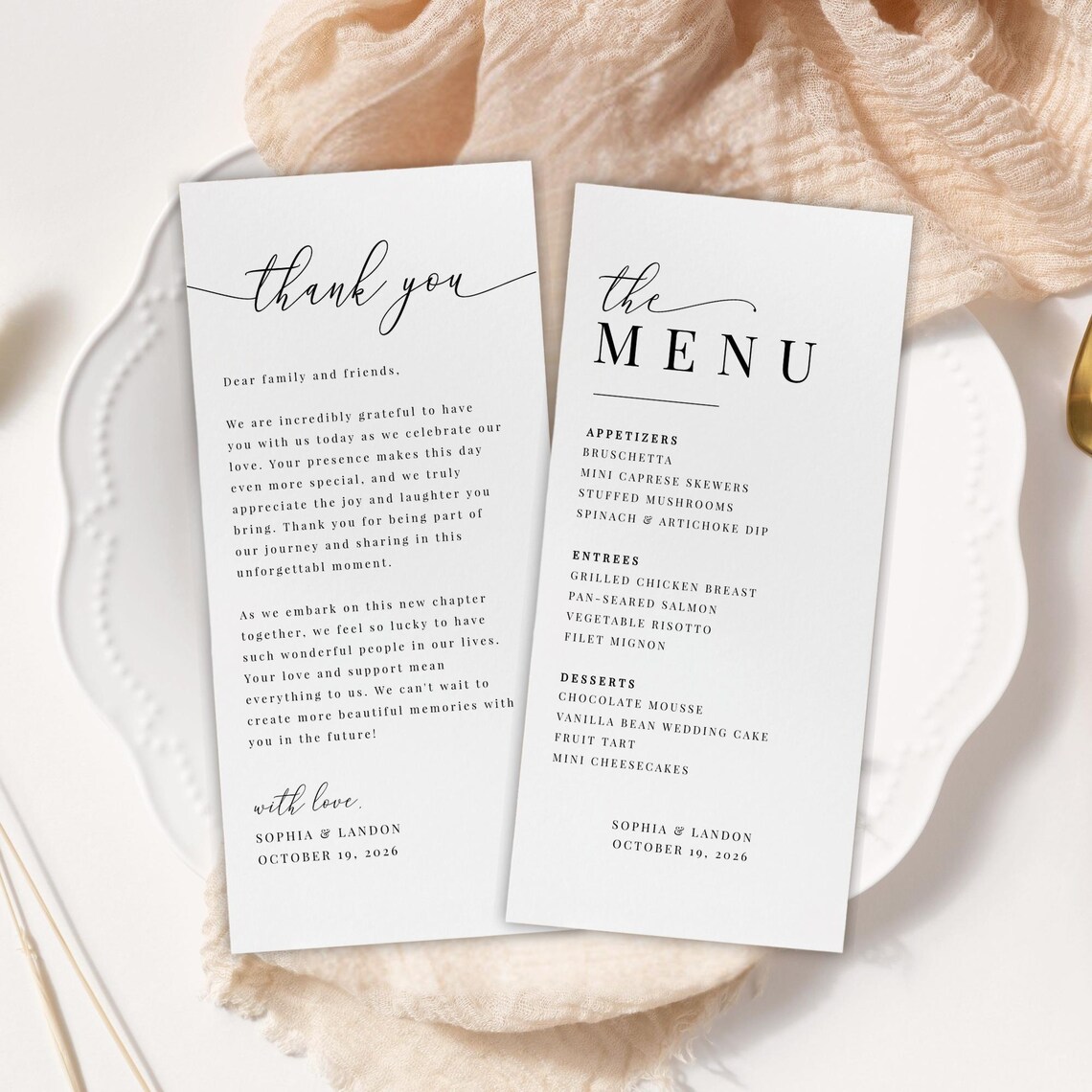 Modern Menu and Thank You Card, Editable Wedding Menu Template ...