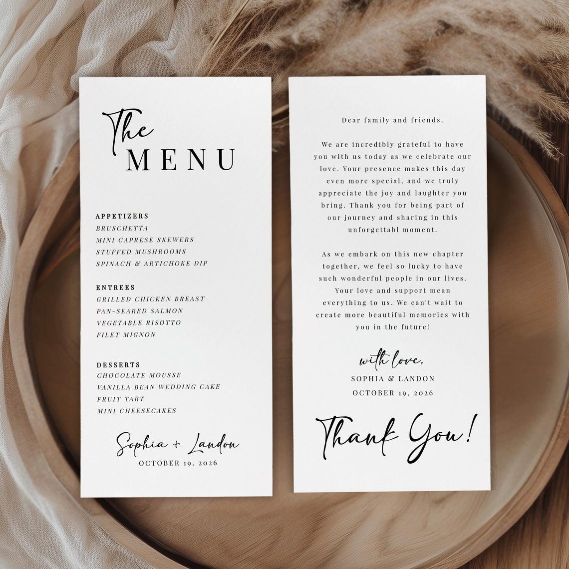 Modern Menu and Thank You Card, Printable Editable Wedding Menu, Custom ...