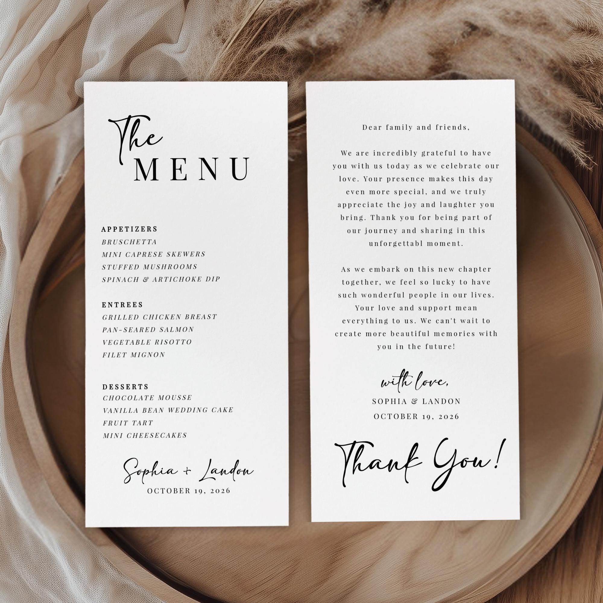 Modern Menu and Thank You Card, Printable Editable Wedding Menu, Custom ...