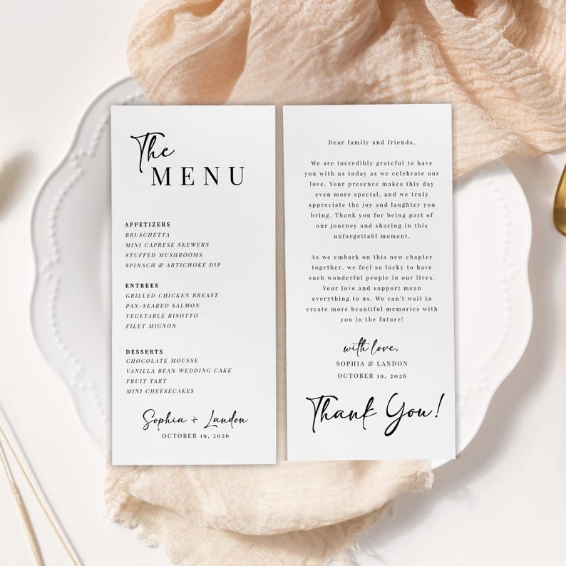 Modern Menu and Thank You Card, Printable Editable Wedding Menu, Custom ...