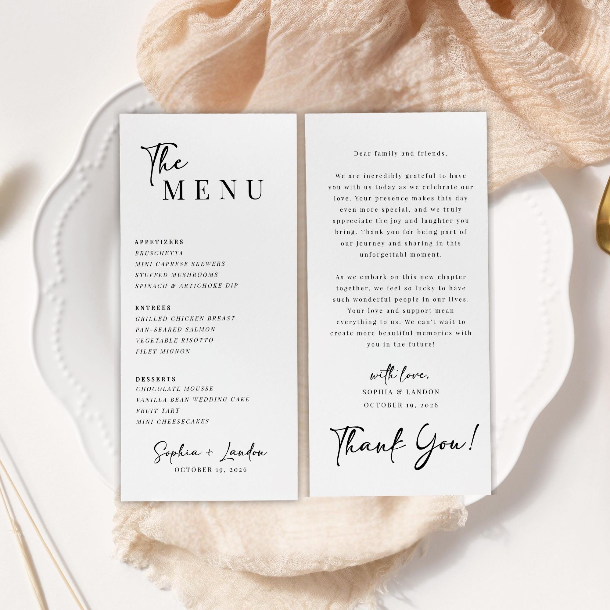 Modern Menu and Thank You Card, Printable Editable Wedding Menu, Custom ...