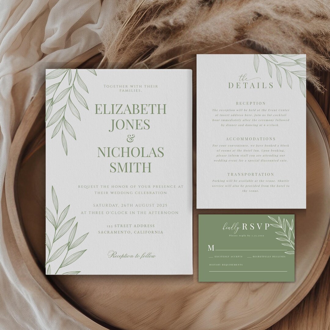 Minimalist Sage Green Wedding Invitation Template, Sage Printable ...
