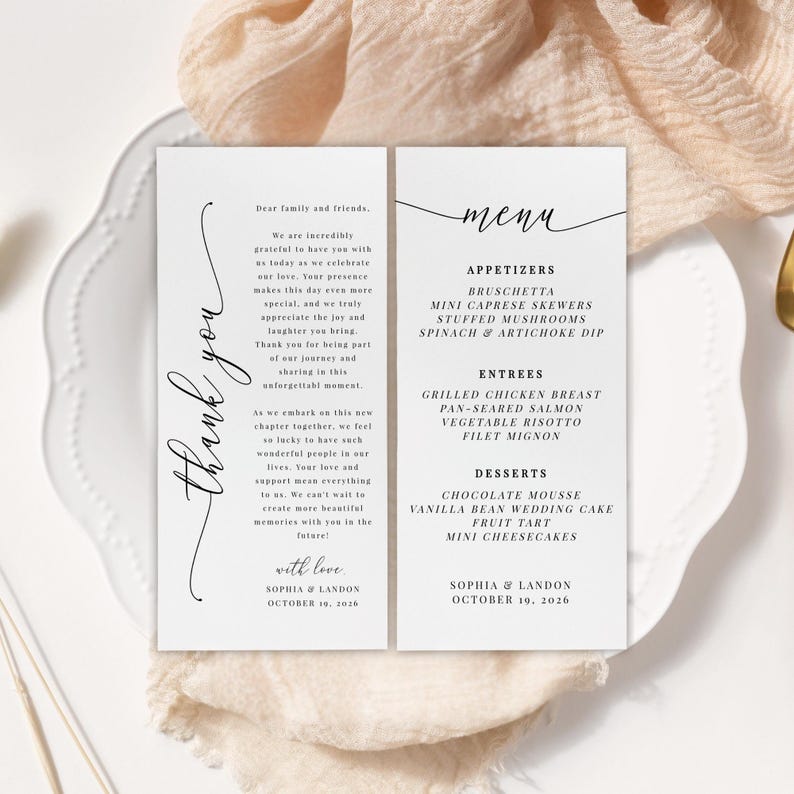 Modern Menu and Thank You Card, Printable Editable Wedding Menu, Custom ...