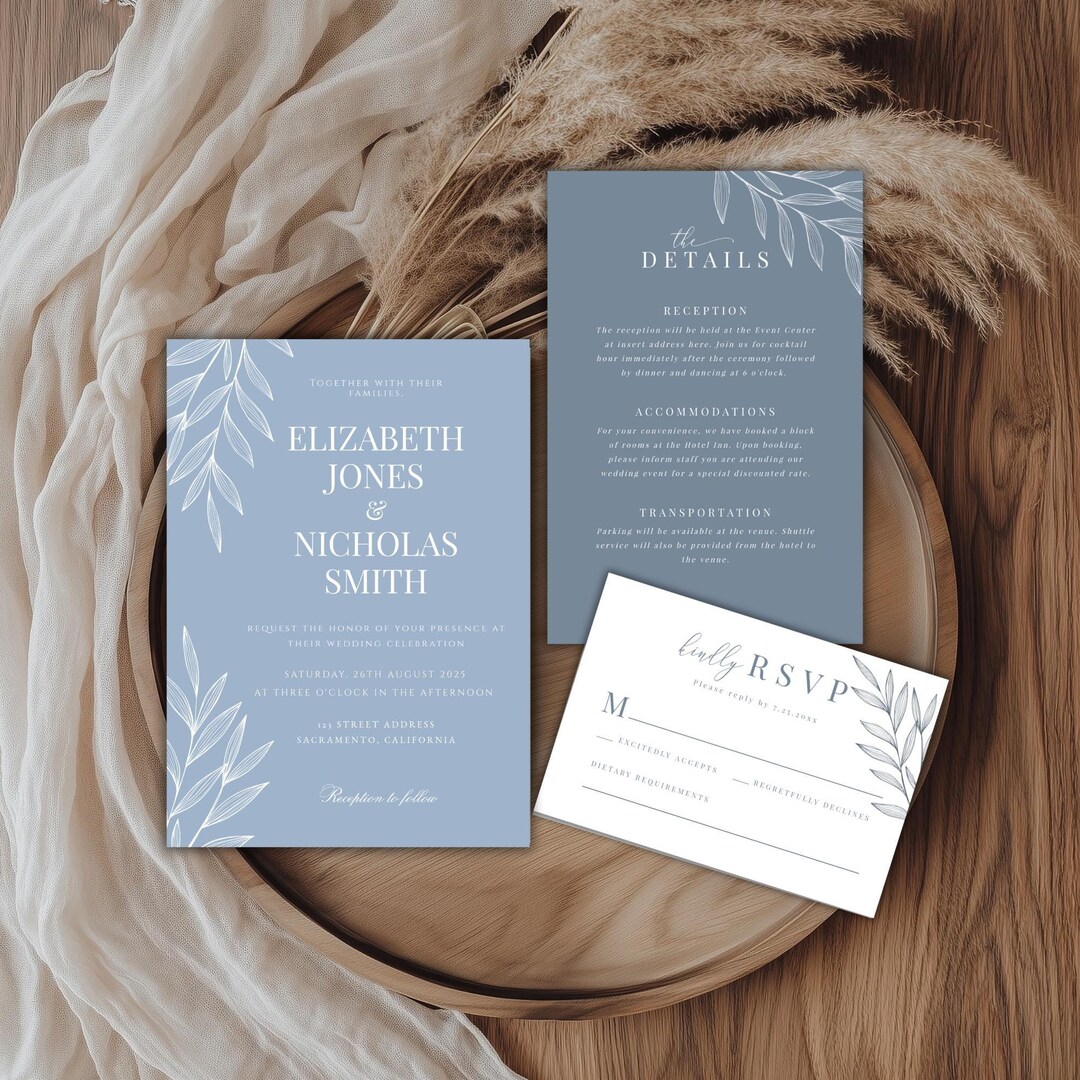 Dusty Blue Wedding Invitation Template, Light Blue Wedding Template ...