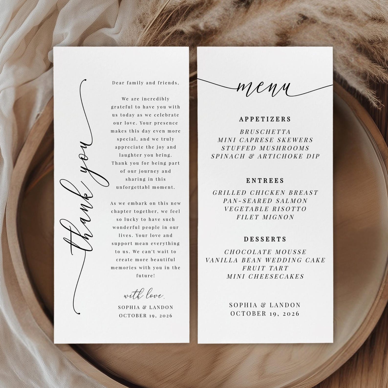 Modern Menu and Thank You Card, Printable Editable Wedding Menu, Custom ...