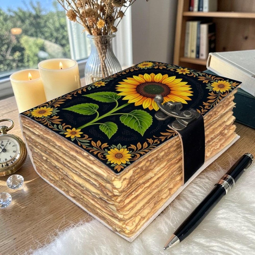 Sunflower Journal With Lock – Vintage Deckle Edge Floral Notebook ...