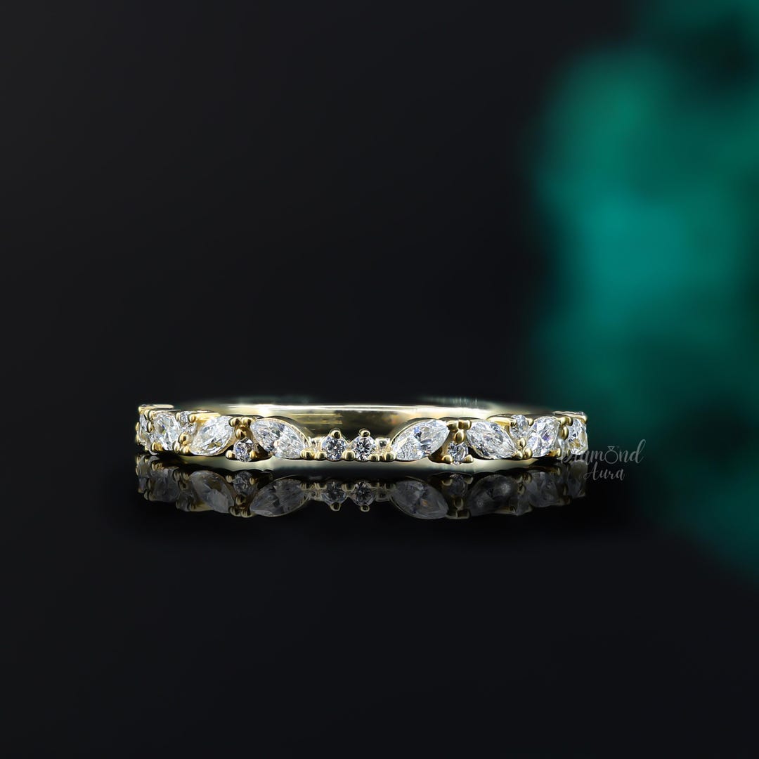 Marquise and Round Moissanite Notched Wedding Band Half Eternity ...