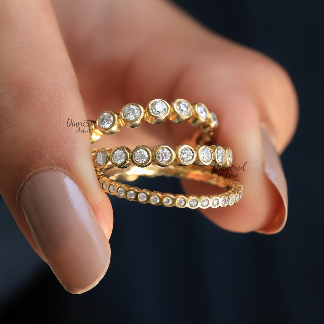 Bezel Set Eternity Band Dainty Moissanite Wedding Band 10K Gold ...