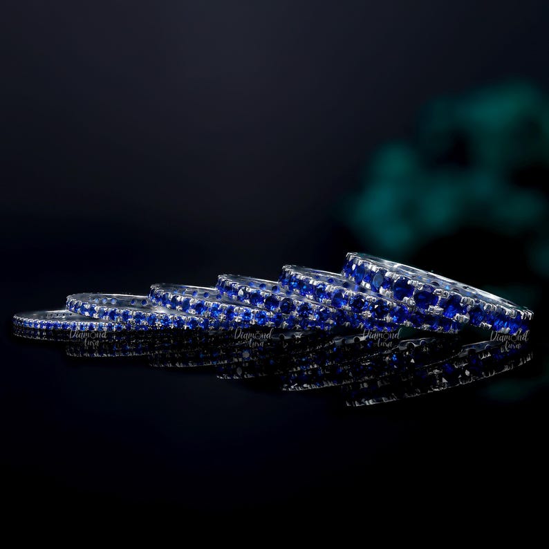 14K Gold Blue Sapphire Band Full Eternity Micro Pave Wedding Band Pave ...