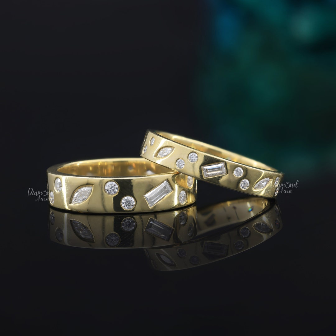 14K Solid Gold Moissanite Wedding Band Baguette and Marquise Flush Set ...