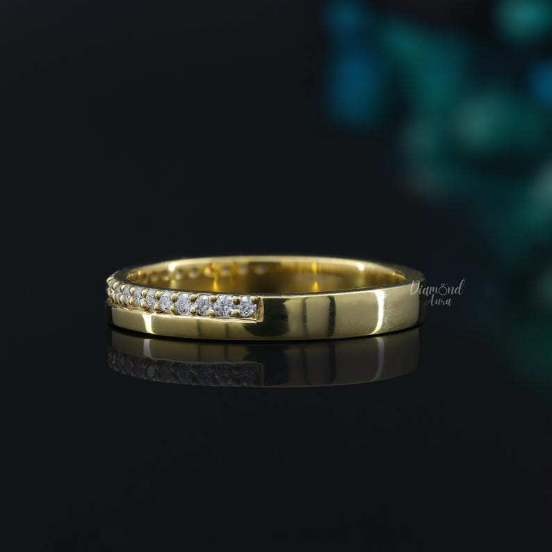 One Side Pave Wedding Band Round Moissanite Eternity Band 3MM Wide Band ...