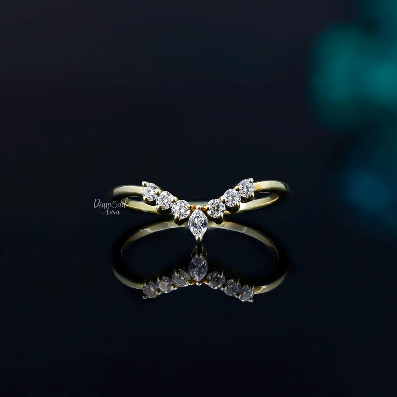 V Shaped Wedding Band Women Art Deco Marquise Moissanite Band Chevron ...