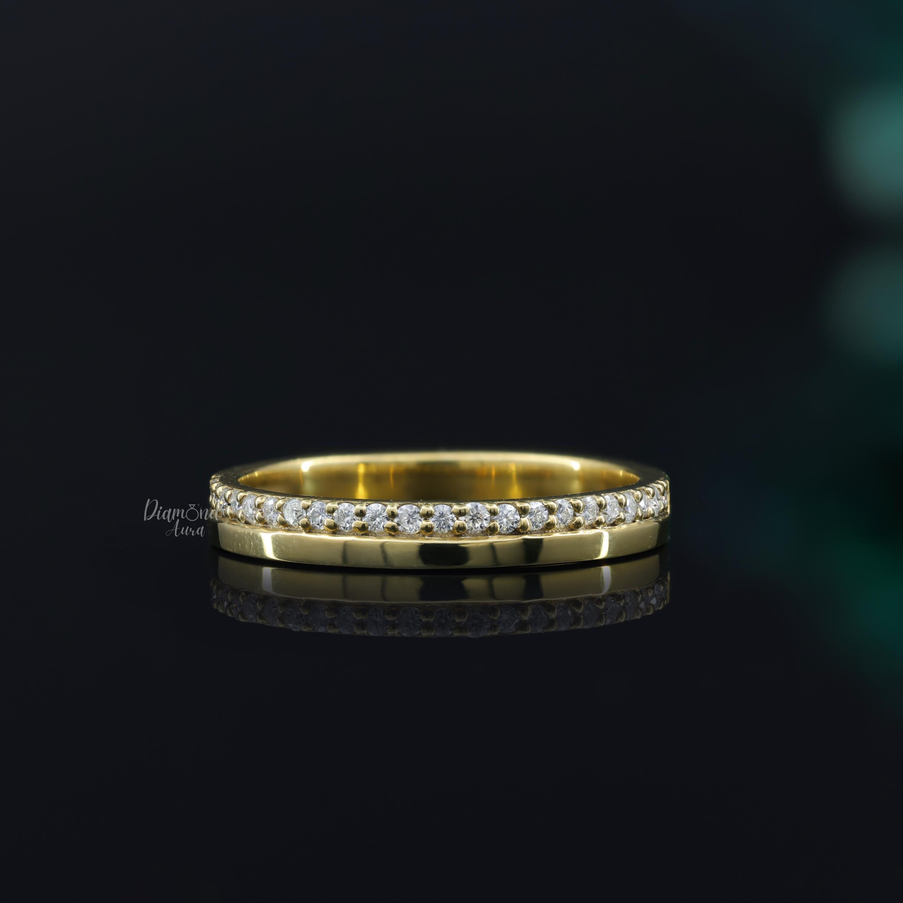 One Side Pave Wedding Band Round Moissanite Eternity Band 3MM Wide Band ...