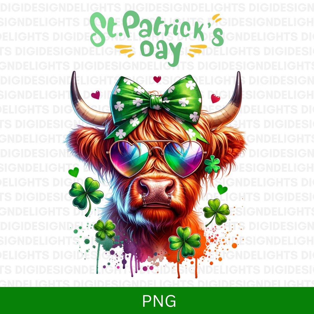 Highlad Cow St. Patricks Day PNG, Highland Cow Clover PNG, Western ...