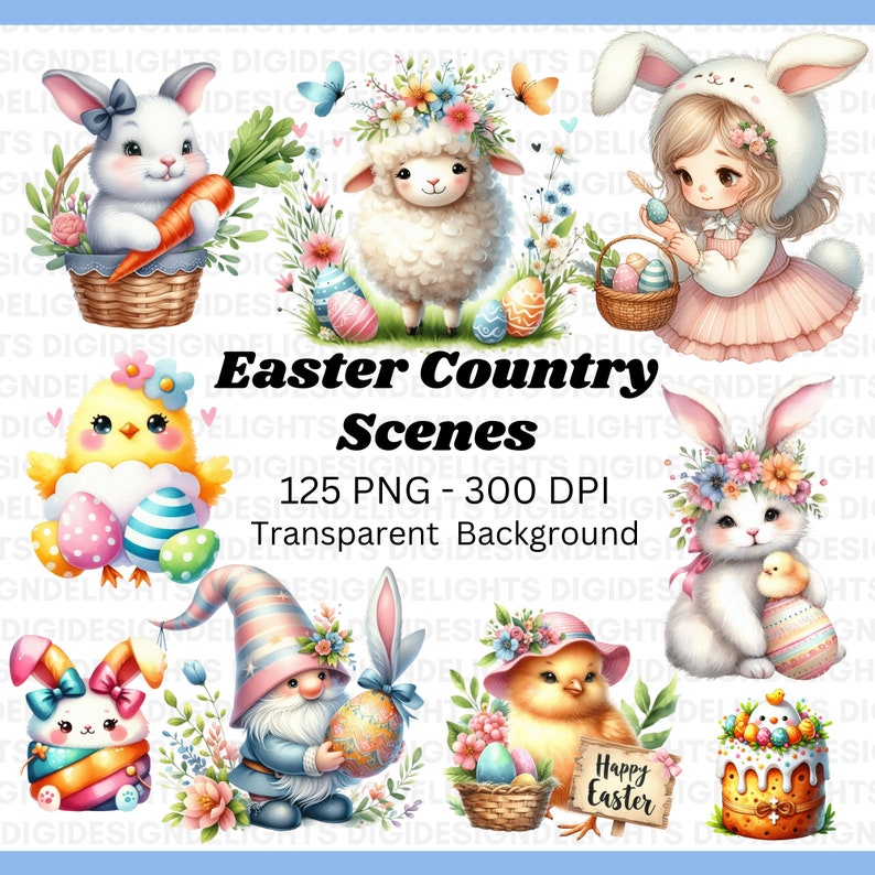 Watercolour Easter Country Scenes Clipart PNG Bundle Sublimation ...