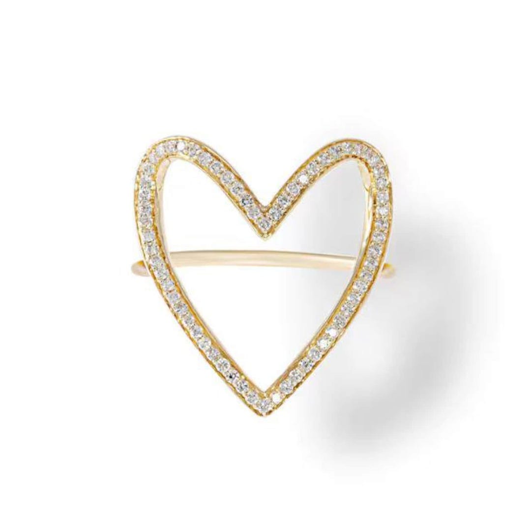 Solid Silver Open Skinny Heart Pave White Zircon Pave Ring, Heart ...