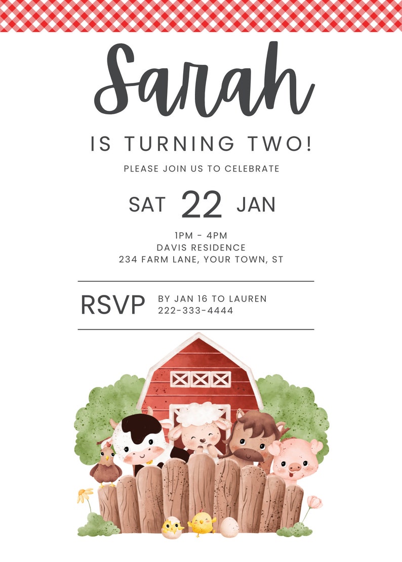 Birthday Invitation Farm Animal Party Invitation Kid Birthday ...