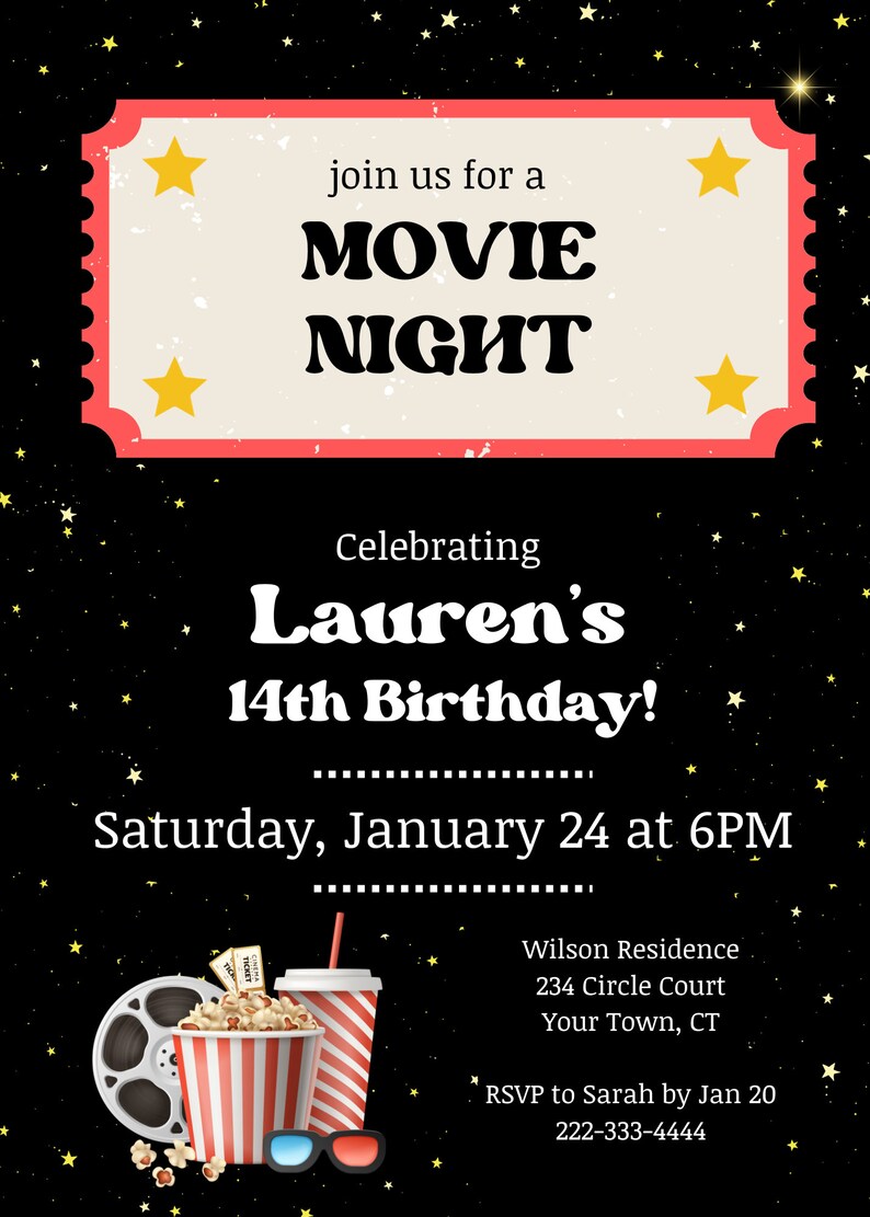Birthday Invitation Kid Birthday Invite Movie Night Party Printable ...