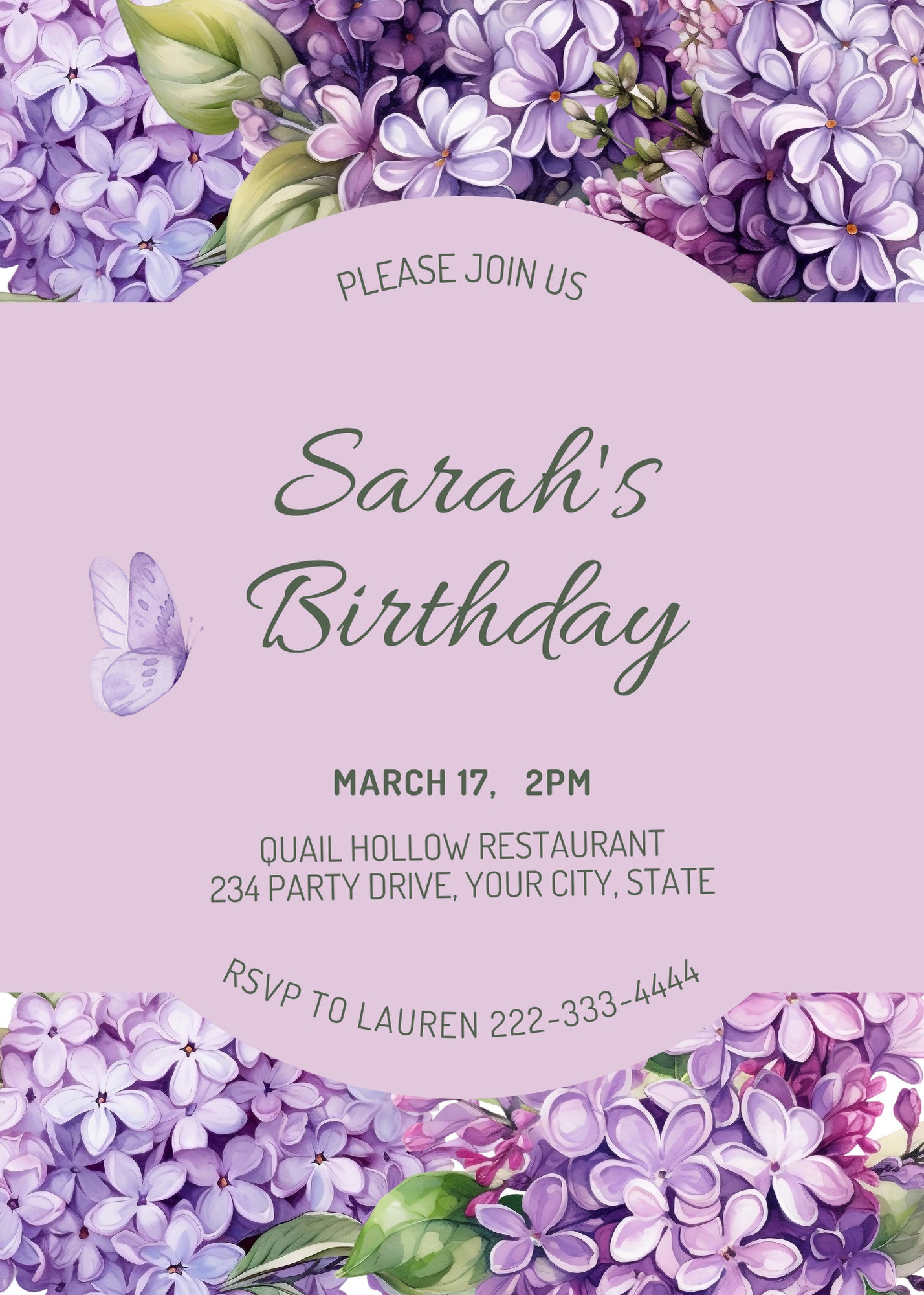 Birthday Invitation Lilac Birthday Invite Editable Printable Template ...