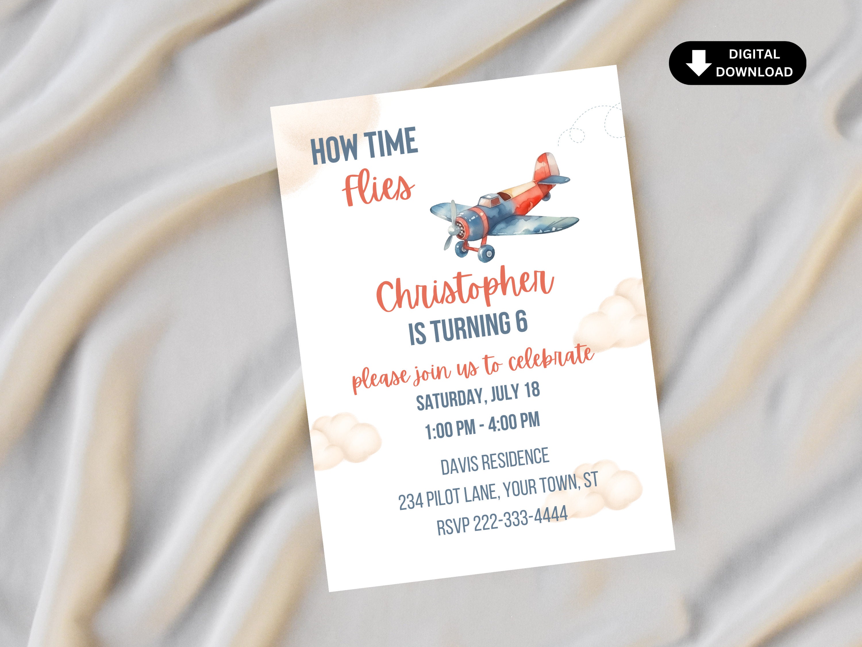 Birthday Invitation Airplane Party Invite Kid Birthday Invitation ...