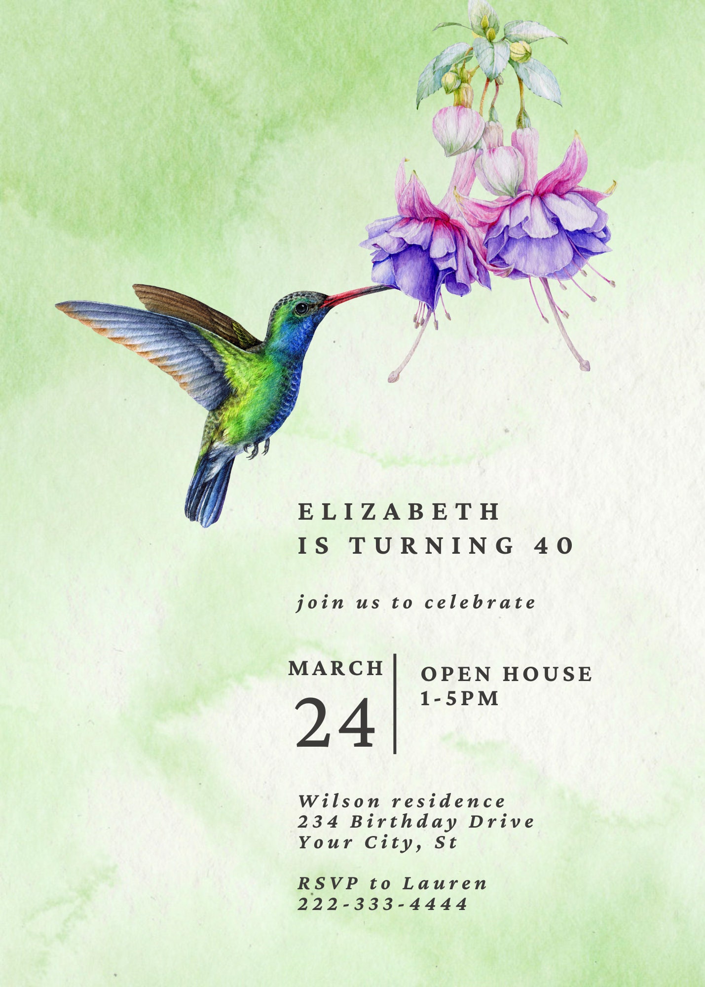 Birthday Invitation Hummingbird Birthday Invite Personalize Digital ...