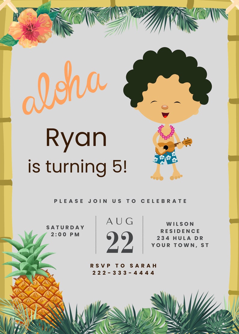 Birthday Invitation Kid Birthday Party Invite Tropical Aloha Birthday ...