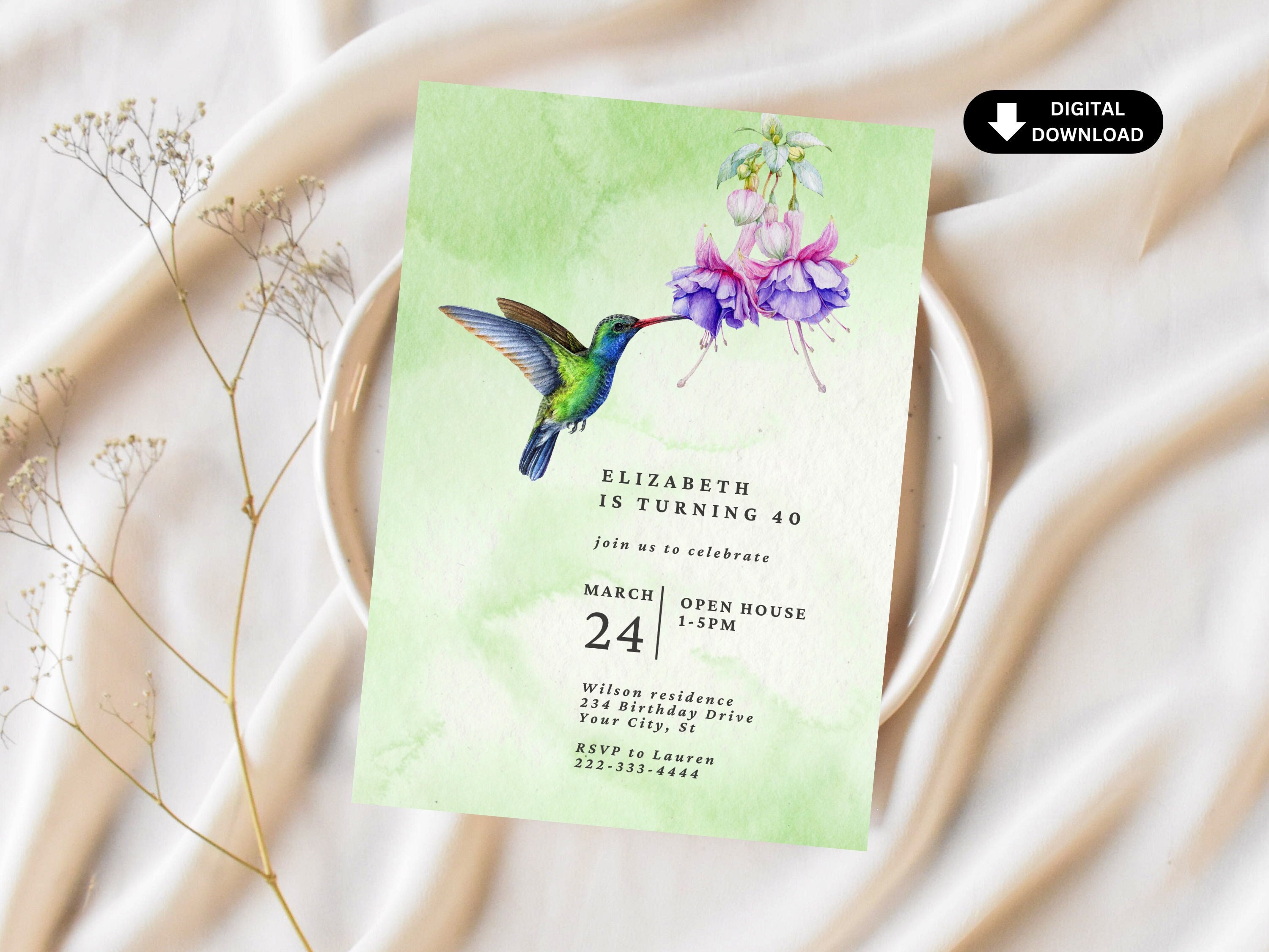 Birthday Invitation Hummingbird Birthday Invite Personalize Digital ...