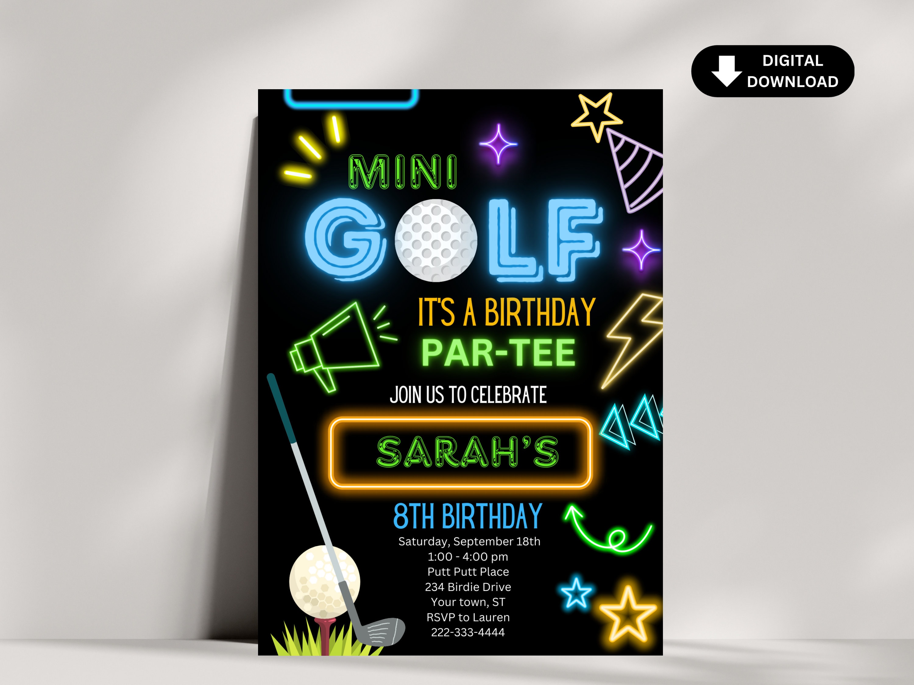 Birthday Invitation Golf Kid Birthday Invite Mini Golf Neon Editable ...
