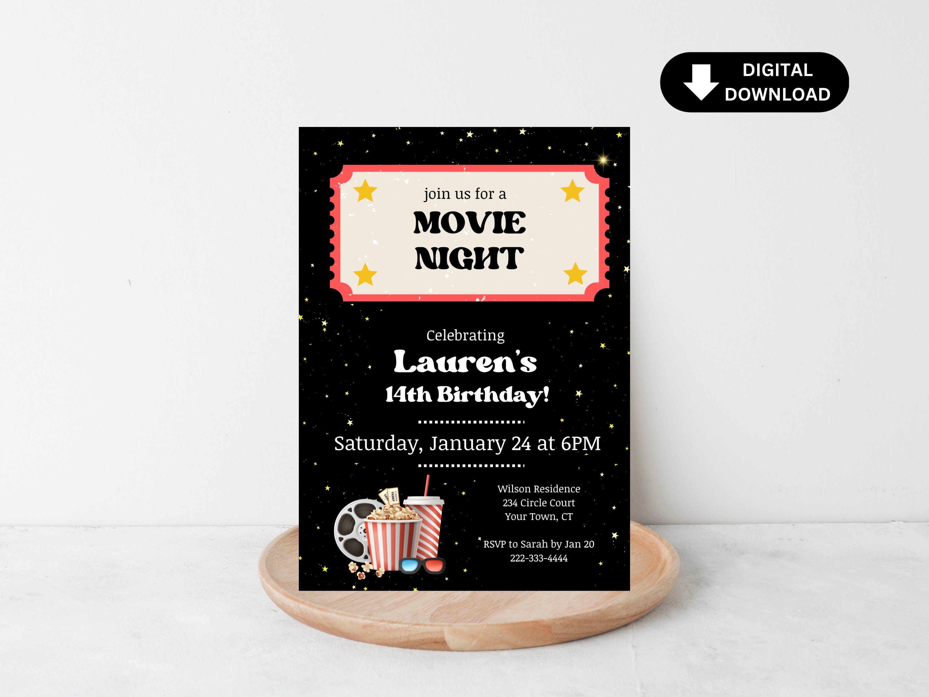 Birthday Invitation Kid Birthday Invite Movie Night Party Printable ...