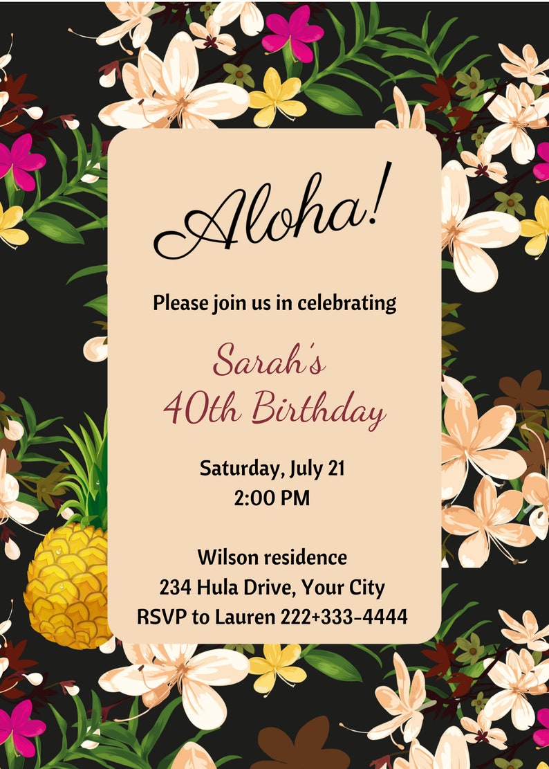 Birthday Invitation Hawaiian Luau Party Editable Printable Invitation ...