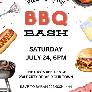 Party Invitation Backyard BBQ Grill Cookout Party Invite Editable ...