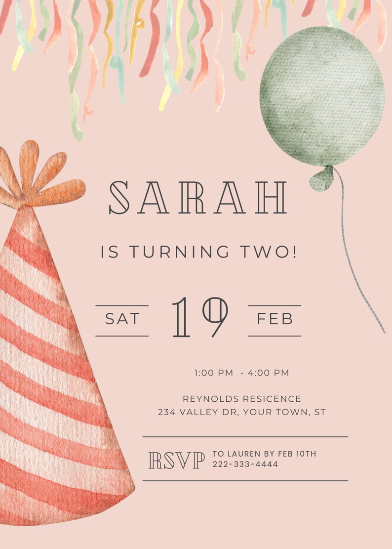 Birthday Invitation Balloon Invite Kid Party Editable Template ...