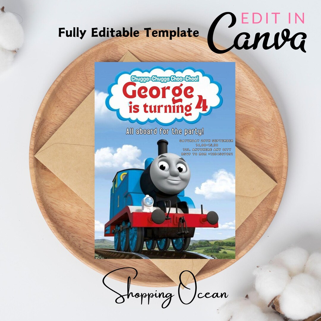 Editable Thomas the Tank Engine Birthday Invitation | Canva Digital ...