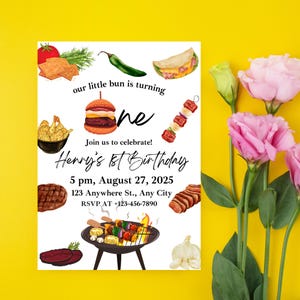 BBQ Burger 1st Birthday Invite, Bun 1st Turning ONE BBQ Summer Boy ...