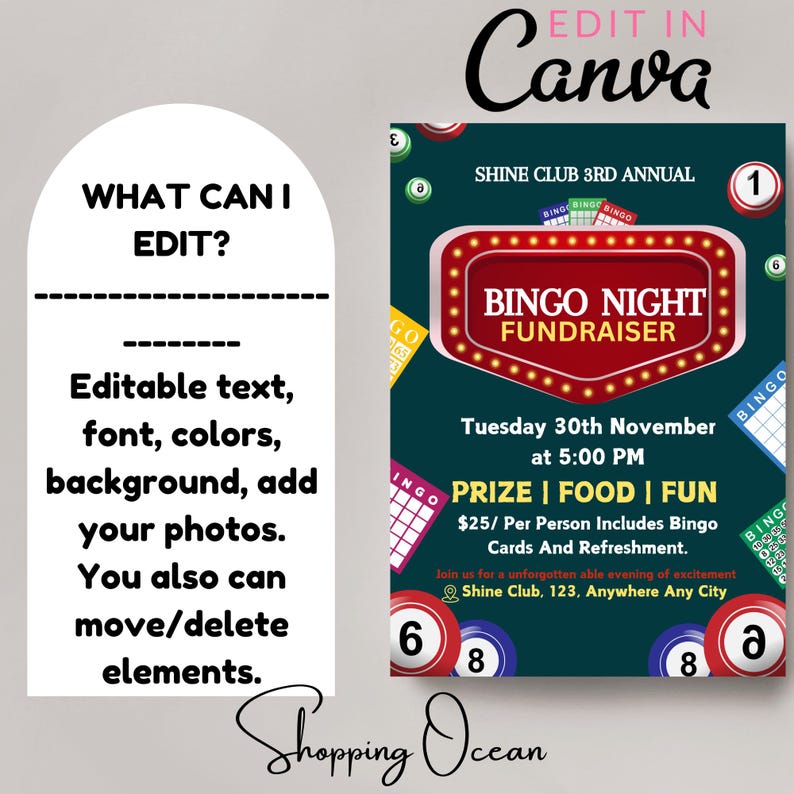 Editable Bingo Night Flyer Template, School Family Fundraiser Event ...
