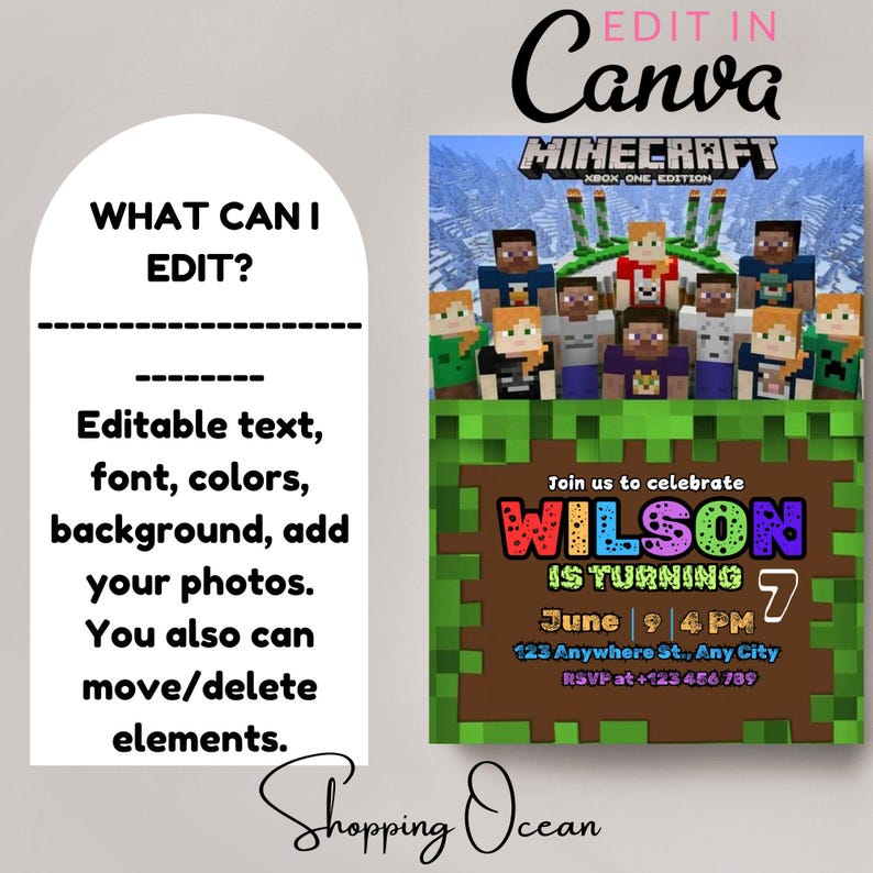 Editable Minecraft Birthday Invitation Personalized Mine Theme Birthday ...