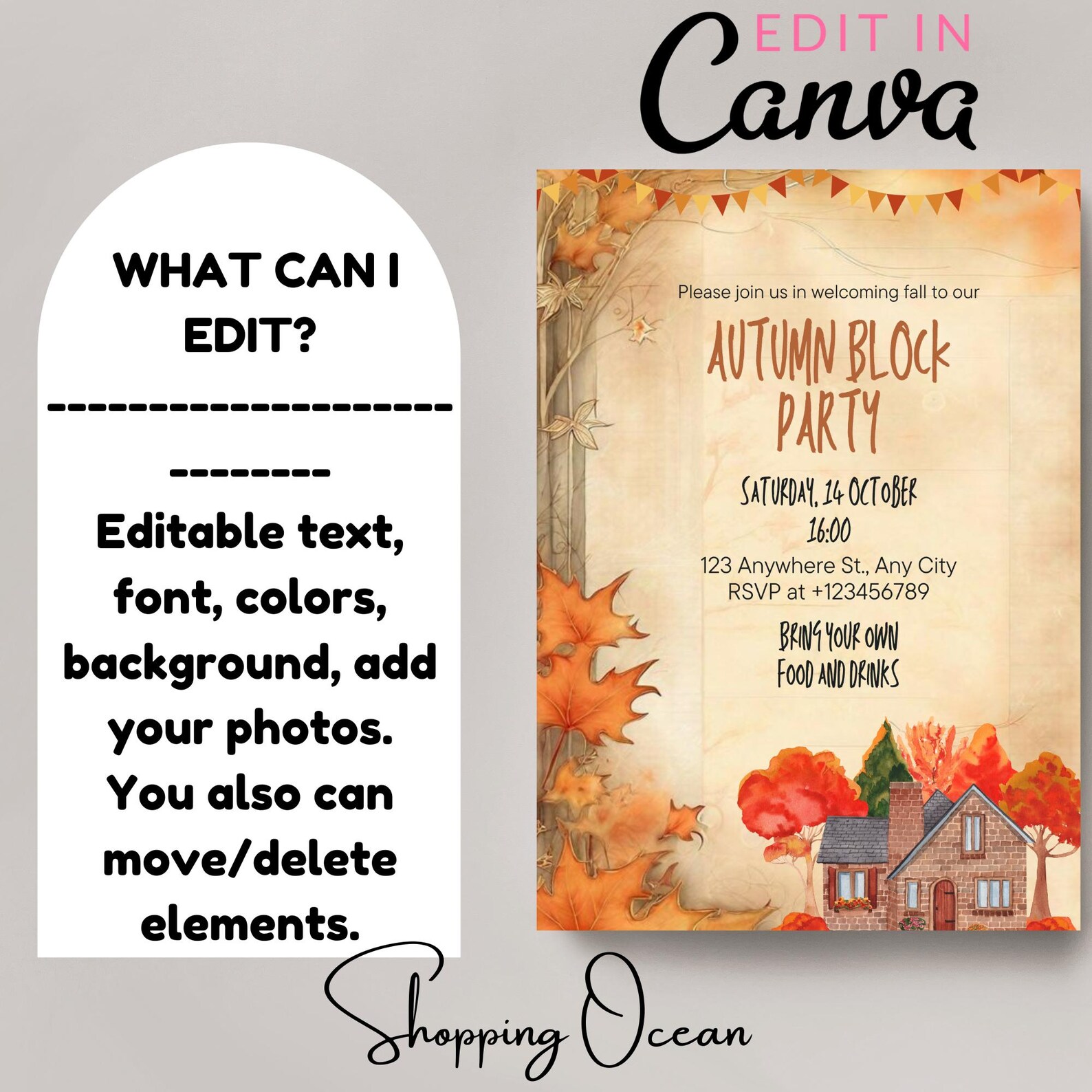 Editable Autumn Fall Block Party Flyer Invitation Template for Autumn ...