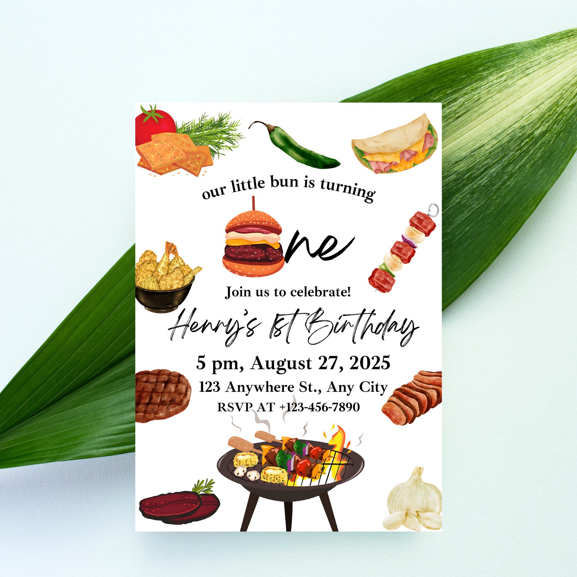 BBQ Burger 1st Birthday Invite, Bun 1st Turning ONE BBQ Summer Boy ...