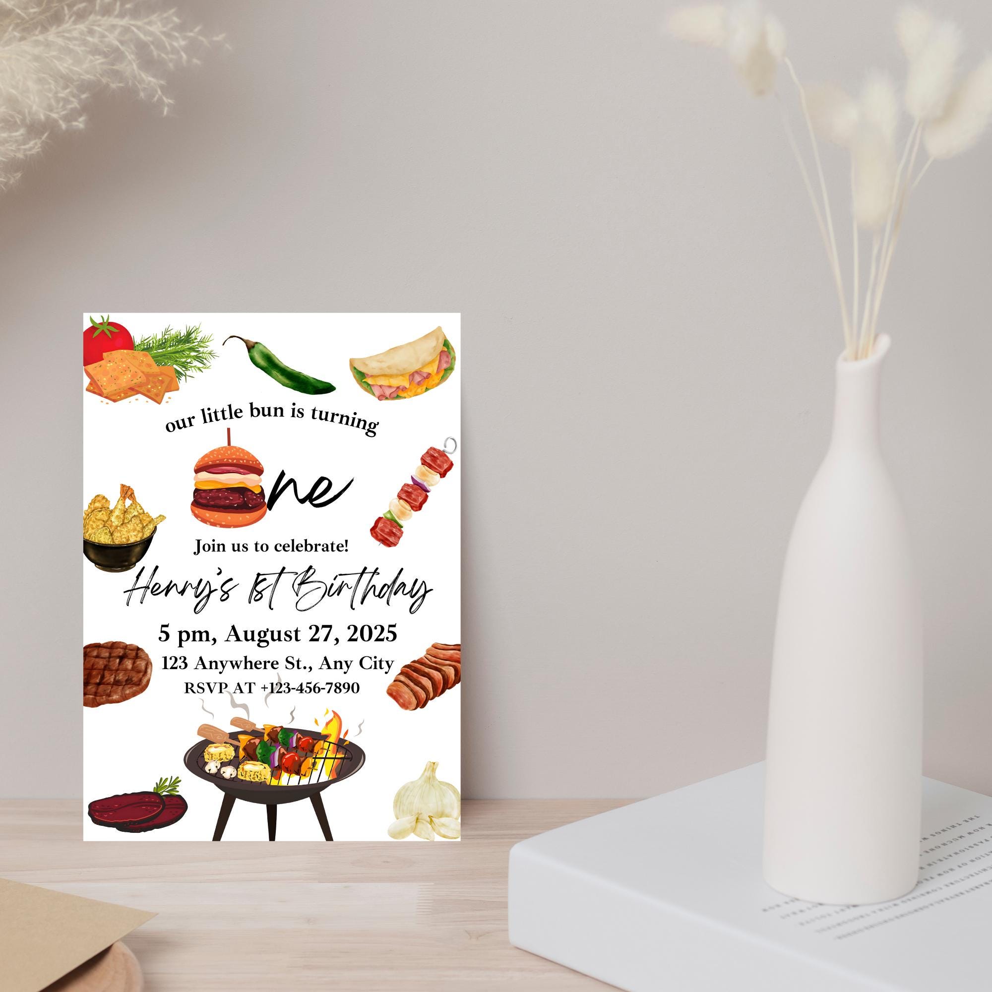 BBQ Burger 1st Birthday Invite, Bun 1st Turning ONE BBQ Summer Boy ...