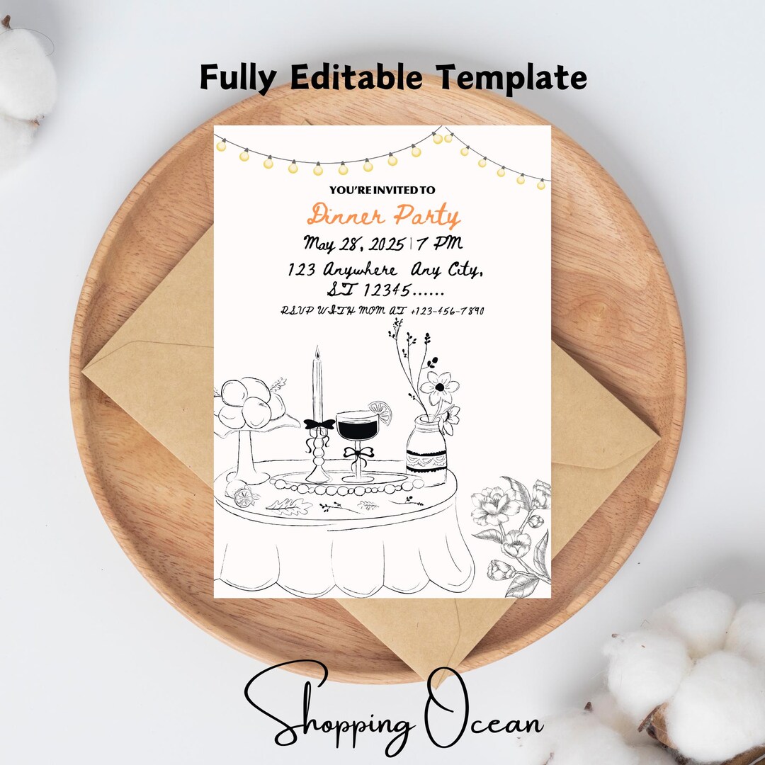 Anniversary Dinner Party Invite, Birthday Dinner Invitation, Hand Drawn ...