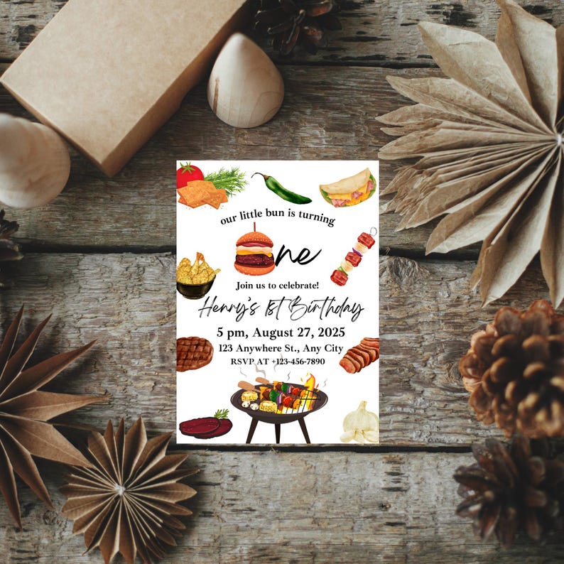 BBQ Burger 1st Birthday Invite, Bun 1st Turning ONE BBQ Summer Boy ...